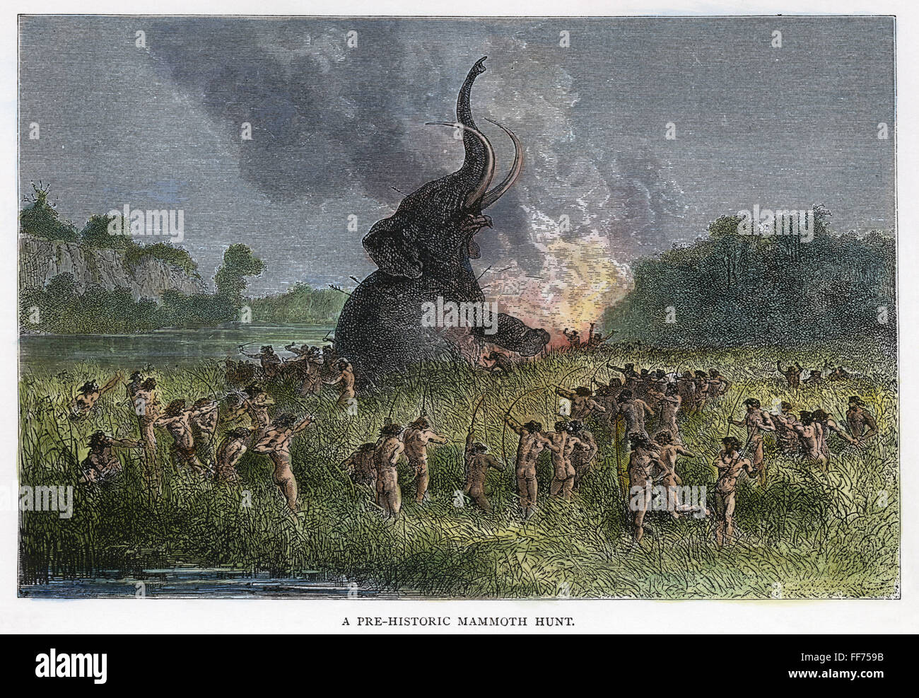 PREHISTORIC MAMMOTH HUNT. /nLine engraving, late 19th century Stock ...