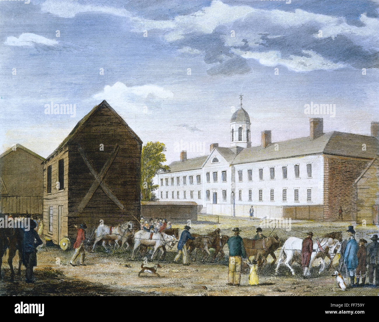 WALNUT ST., PHILADELPHIA. /nA house being moved past the jail in Walnut ...