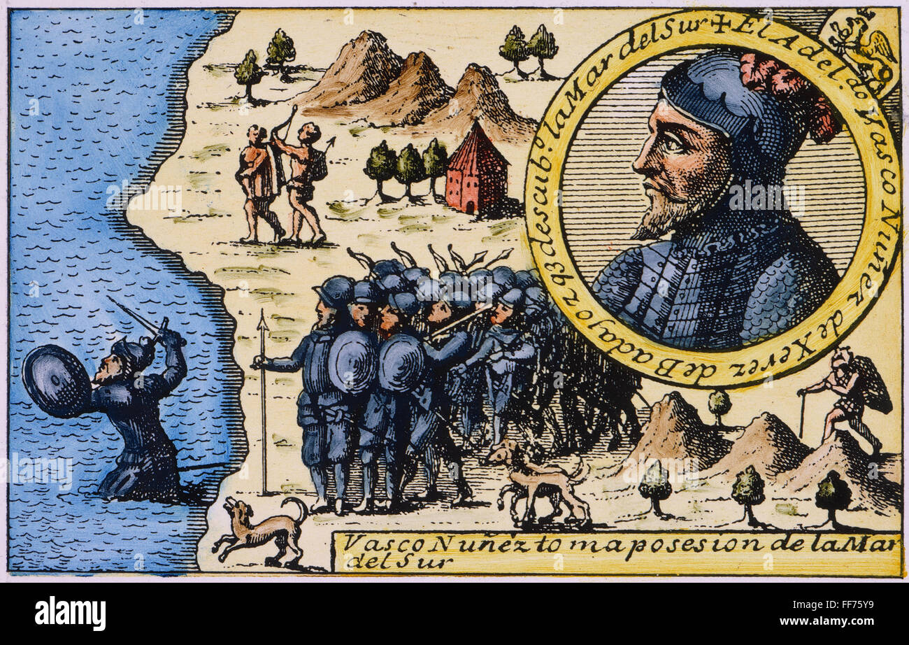 VASCO NUNEZ de BALBOA /n(1475-1519). Spanish explorer. Balboa taking ...