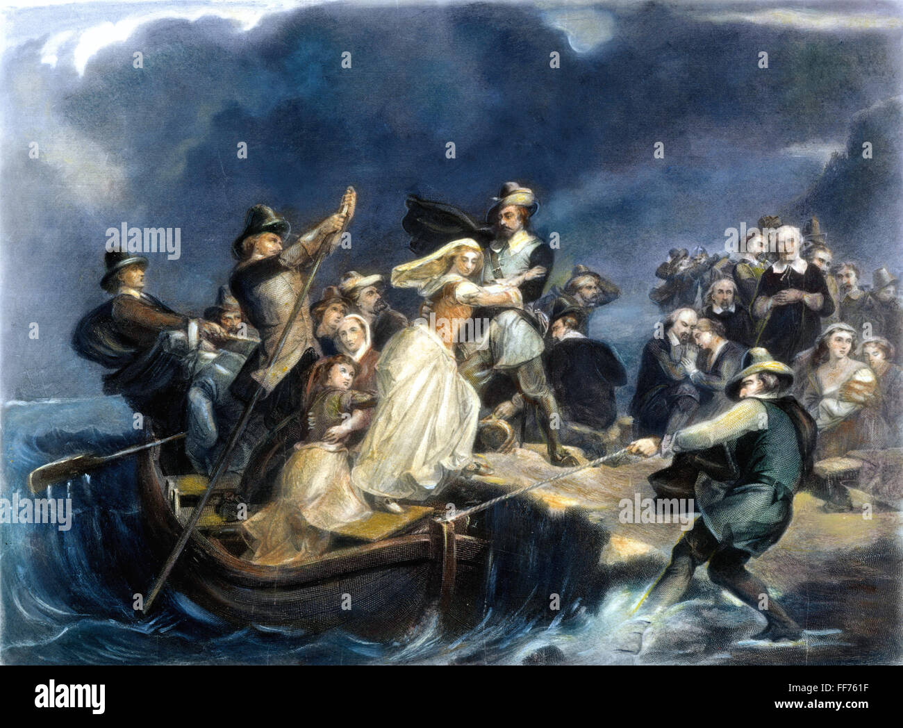 LANDING OF THE PILGRIMS /non Plymouth Rock in 1620: steel engraving ...