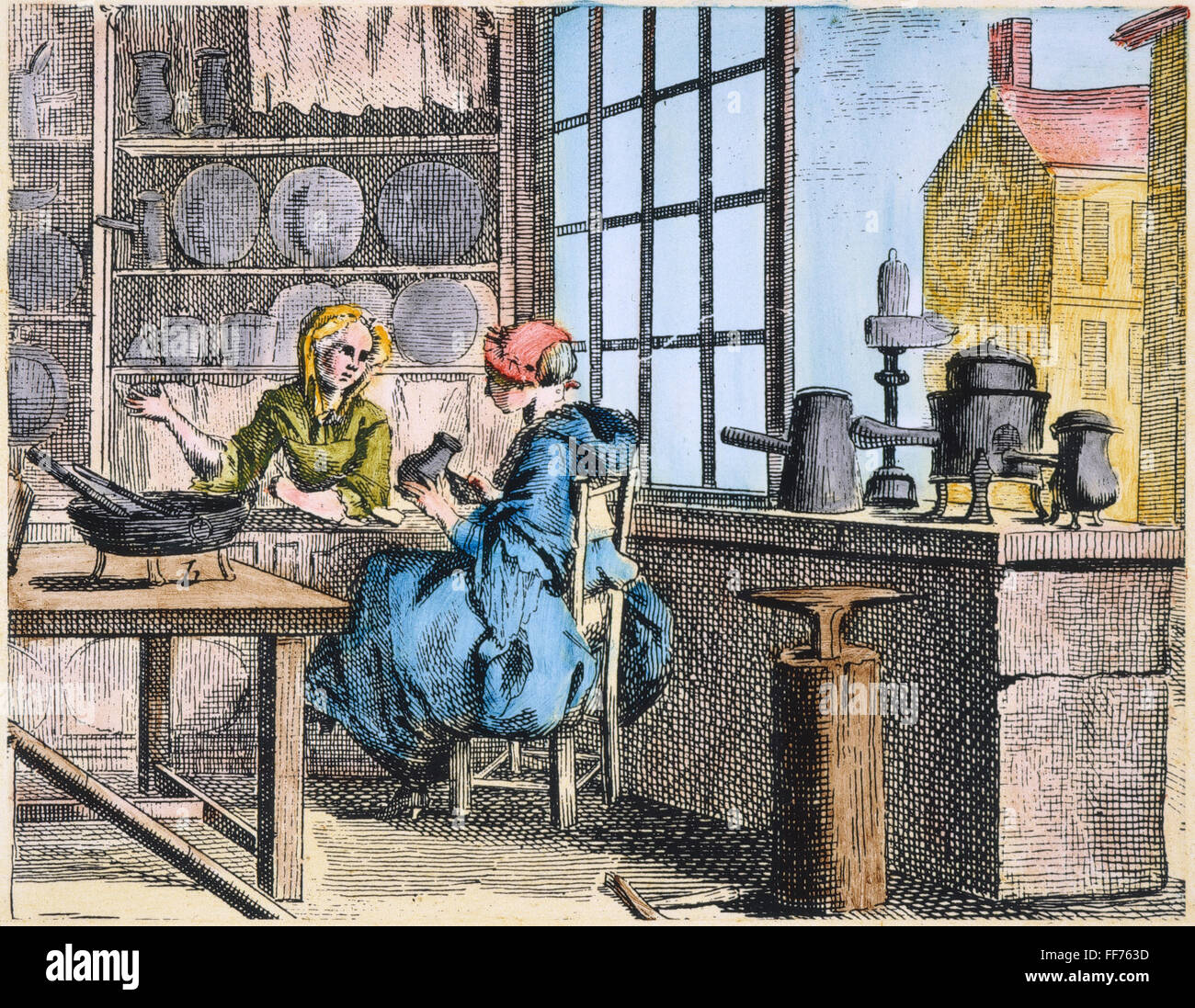 COLONIAL TINWARE SHOP. /nA tin-ware shopkeeper and her customer. Mid ...