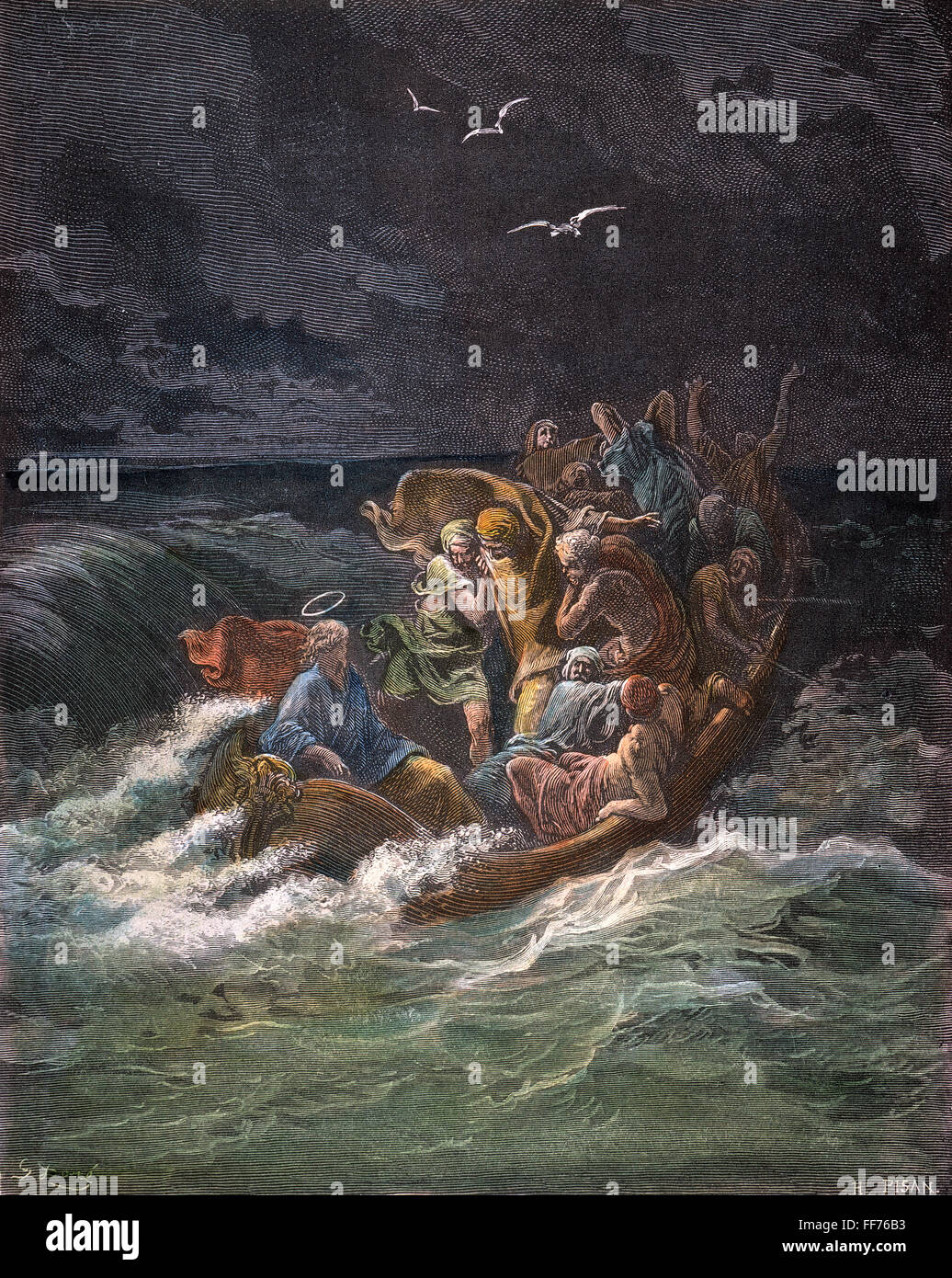 JESUS STILLING THE TEMPEST /n(Mark 4:39). Color engraving after Gustave ...
