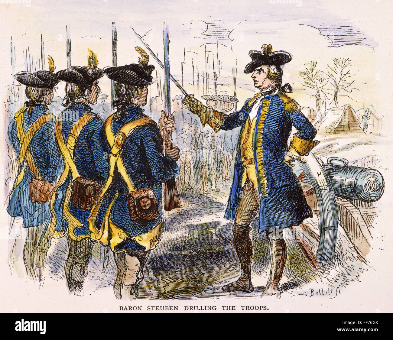 BARON STEUBEN, 1778. /nBaron Friedrich von Steuben drilling American ...