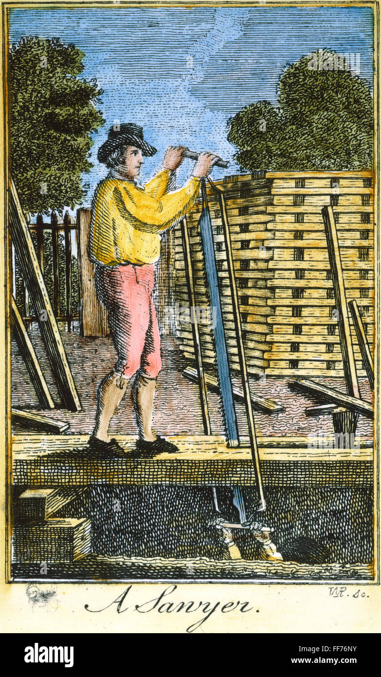 COLONIAL SAWYER, 18th C. /nA colonial American sawyer. Line engraving ...