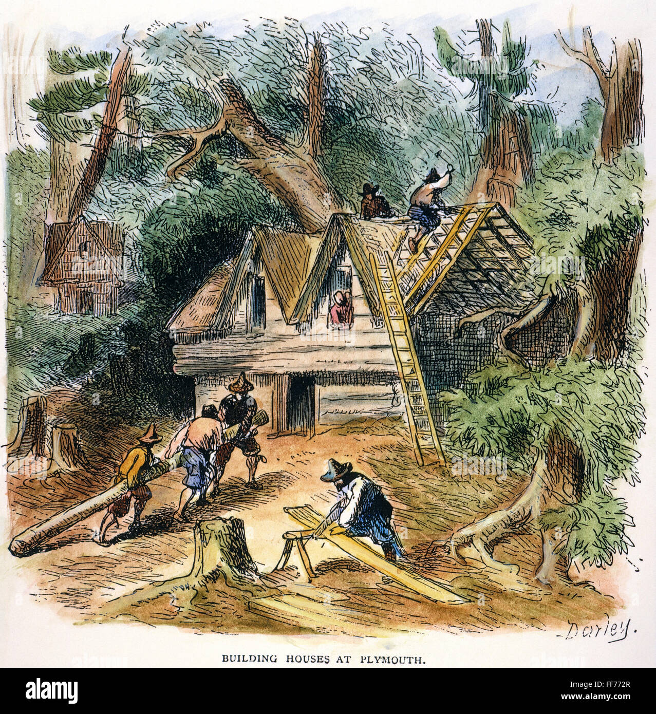 BUILDING HOUSES, 17TH C. /nPilgrims building houses at Plymouth ...