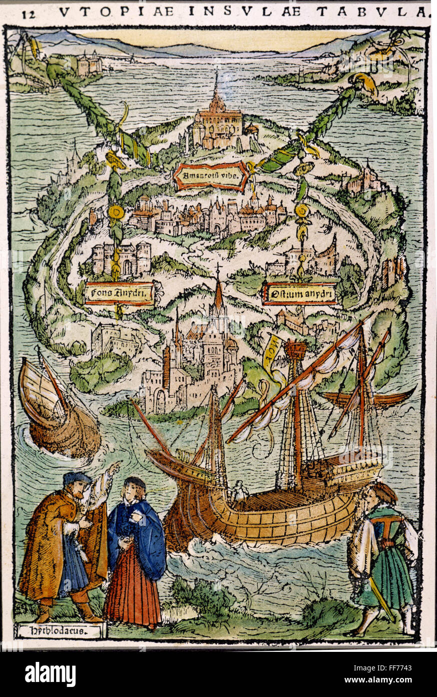 THE VIEW OF UTOPIA. /nWoodcut, probably by Ambrosius Holbein, from Sir ...