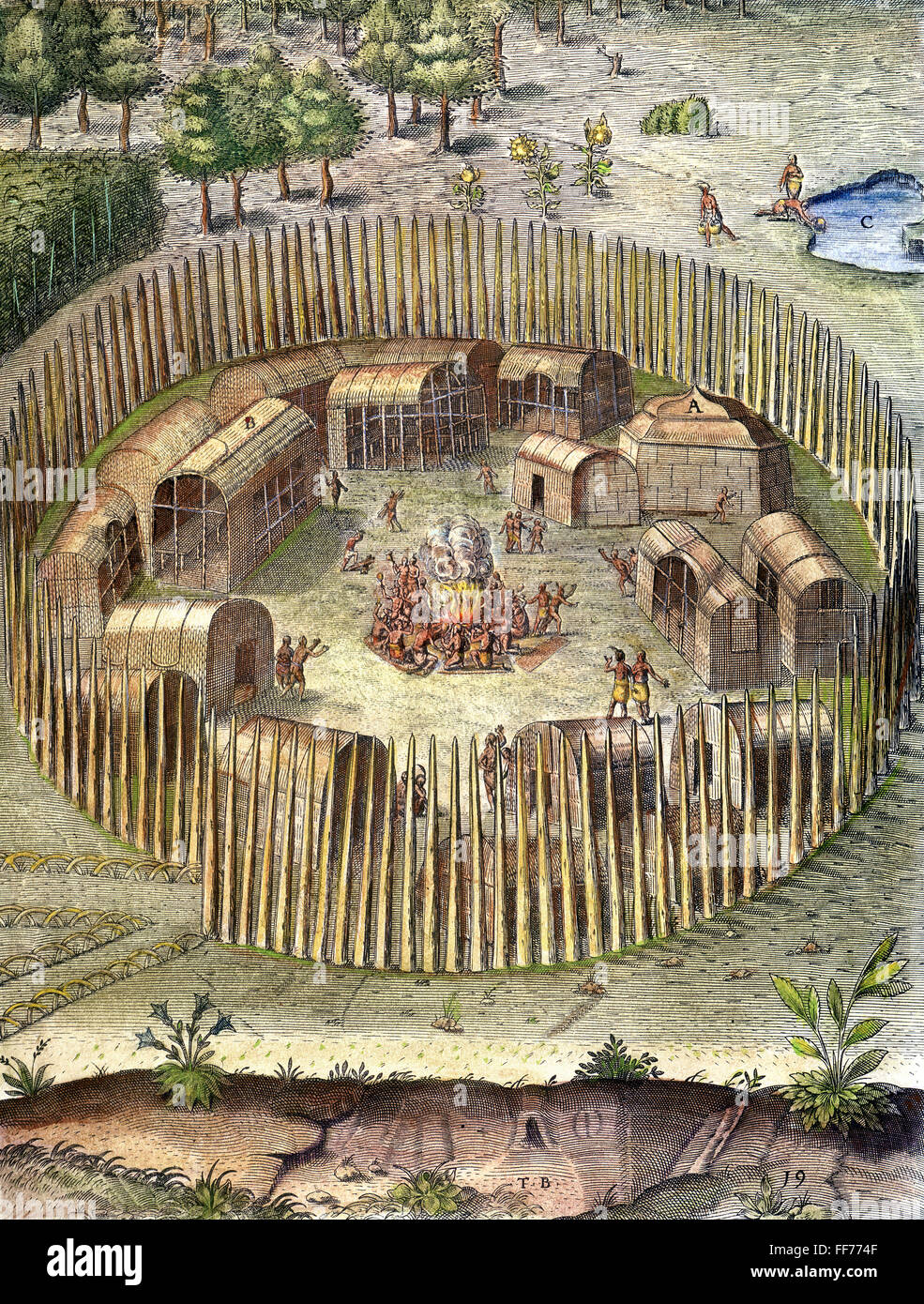 ALGONQUIAN VILLAGE, 1585. /nThe Algonquian village of Pomeiooc (North ...