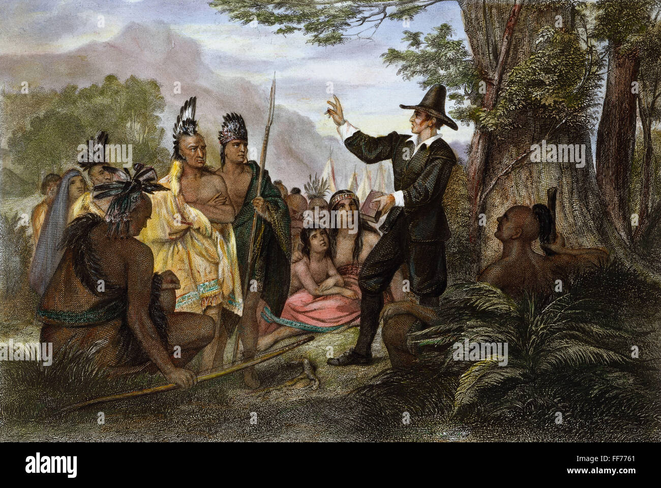 JOHN ELIOT (1604-1690) /npreaching to the Native Americans. Steel ...