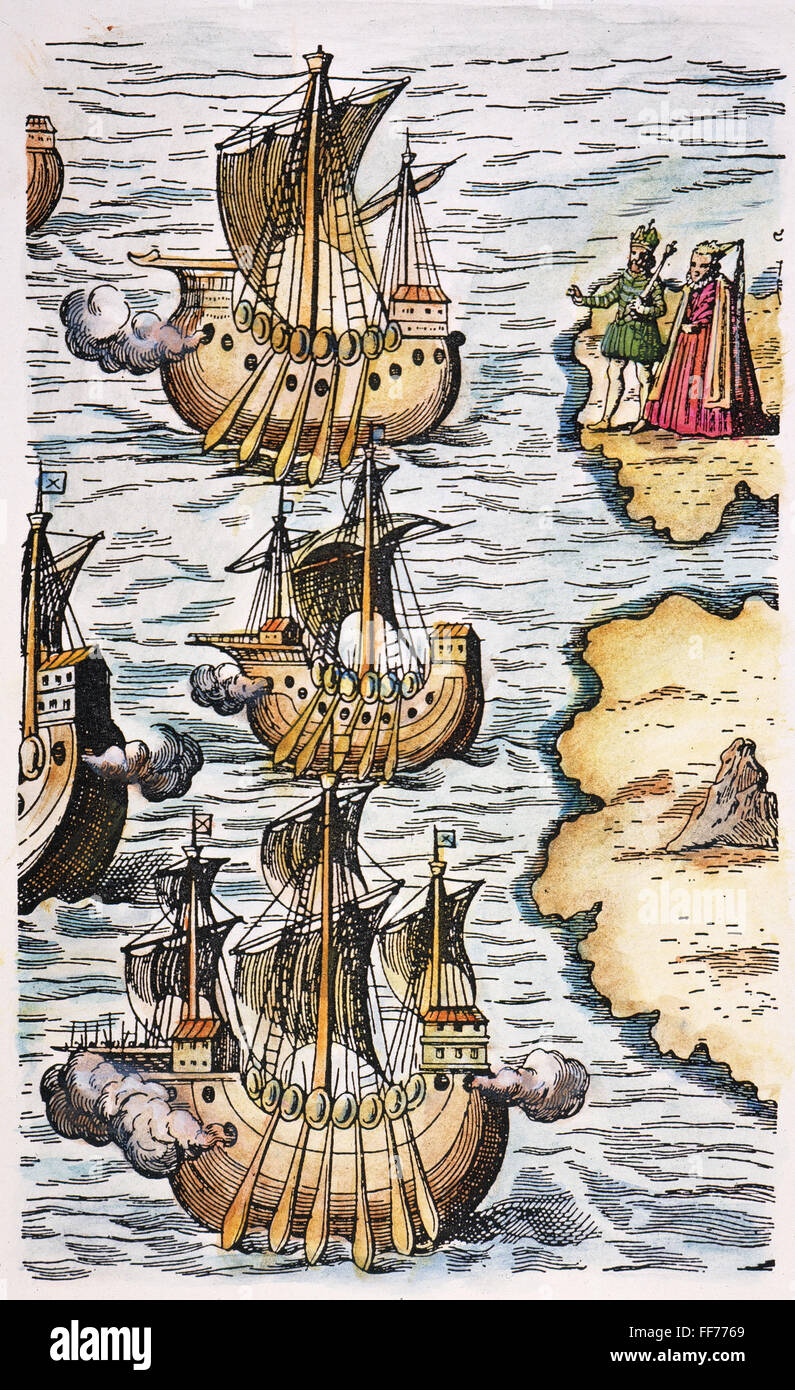 COLUMBUS: CARAVELS, 1492. /nFerdinand and Isabella bidding a symbolic ...