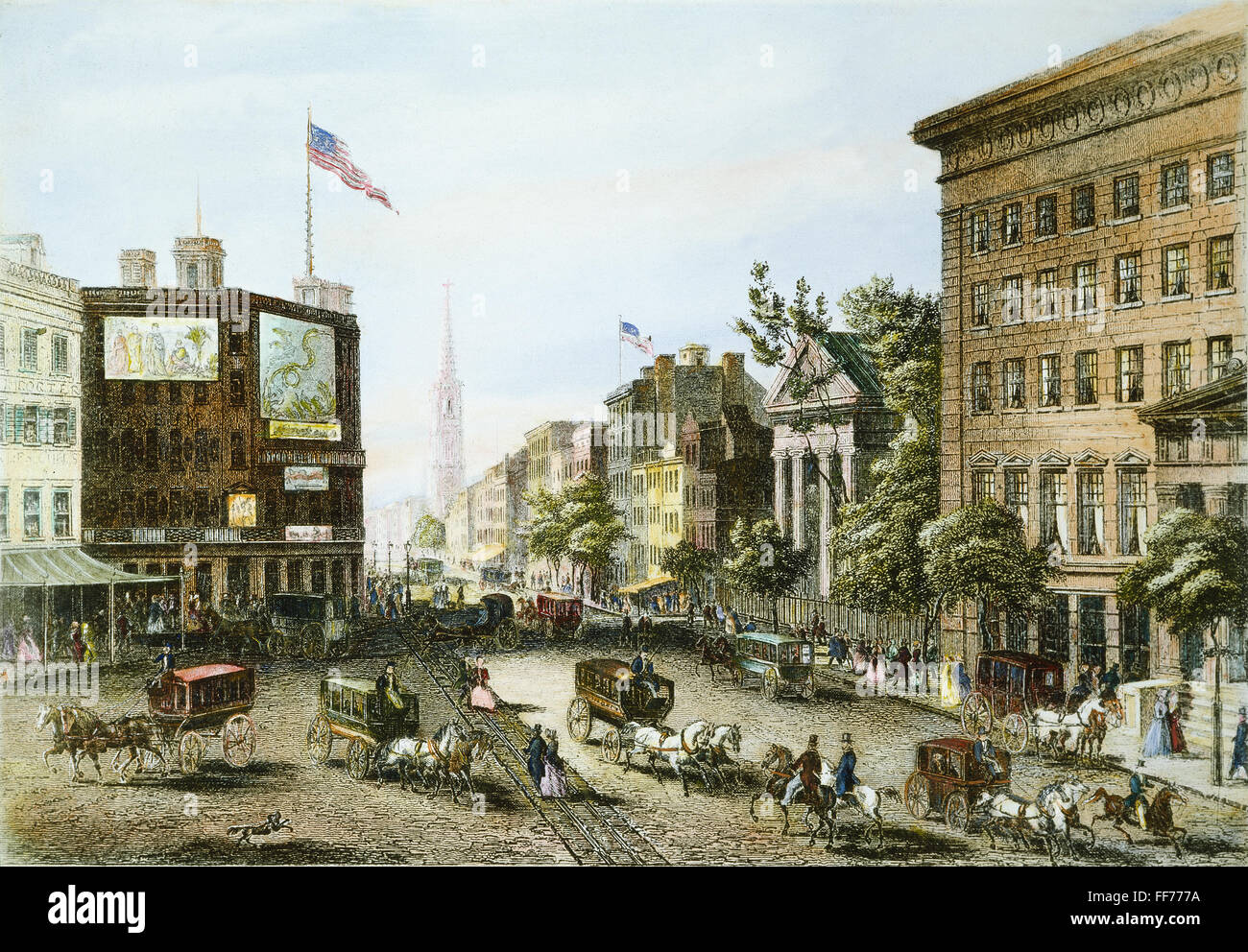 BROADWAY, NYC, 1855. /nLooking south from City Hall Park with Barnum's ...
