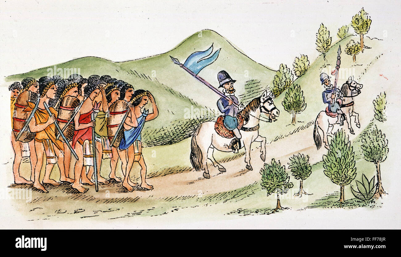 HERNANDO CORTES, 1519. /nCortes (center), his conquistador Bernal Diaz ...