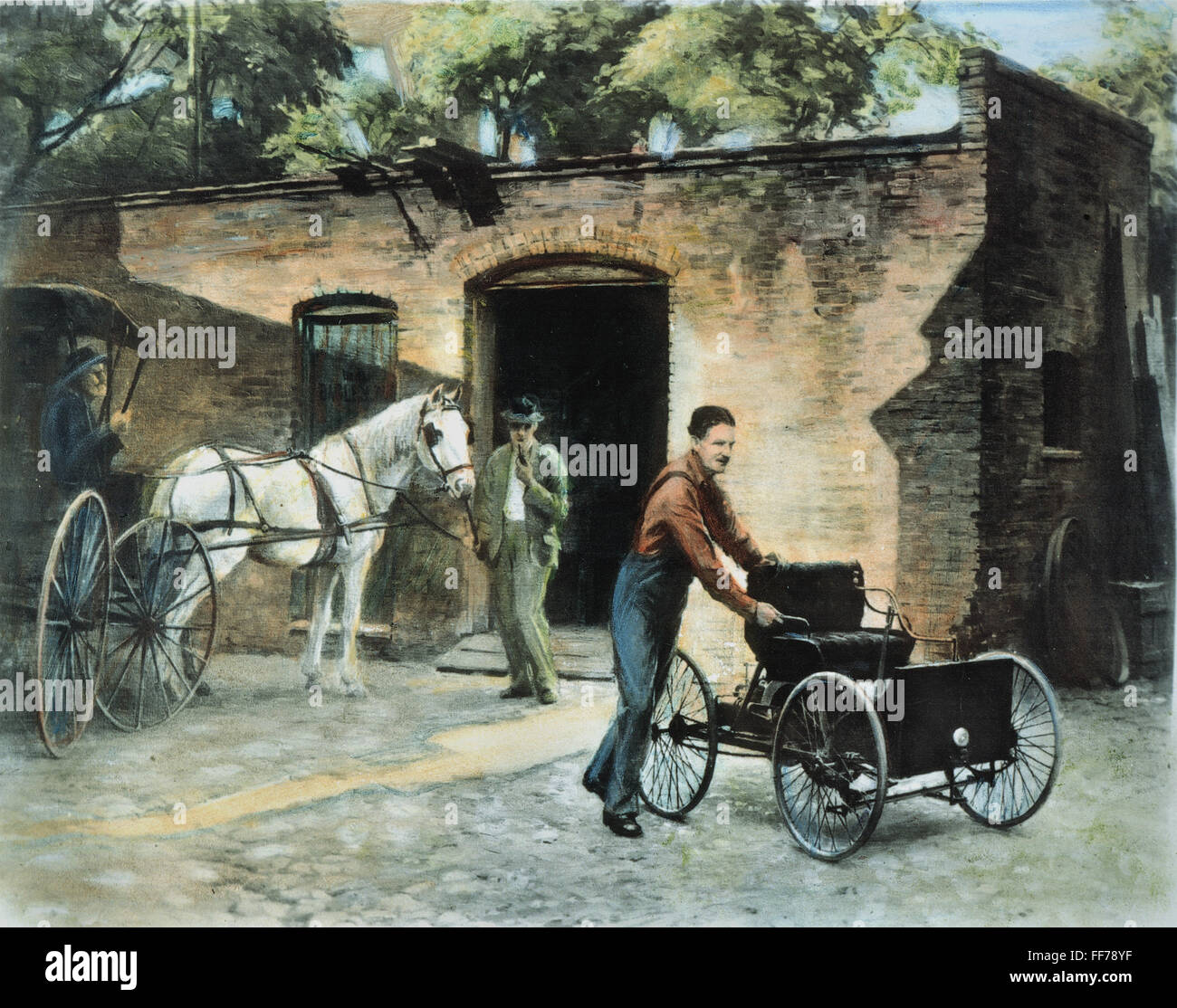 HENRY FORD (1863-1947) /nrolling out his first automobile on Bagley ...