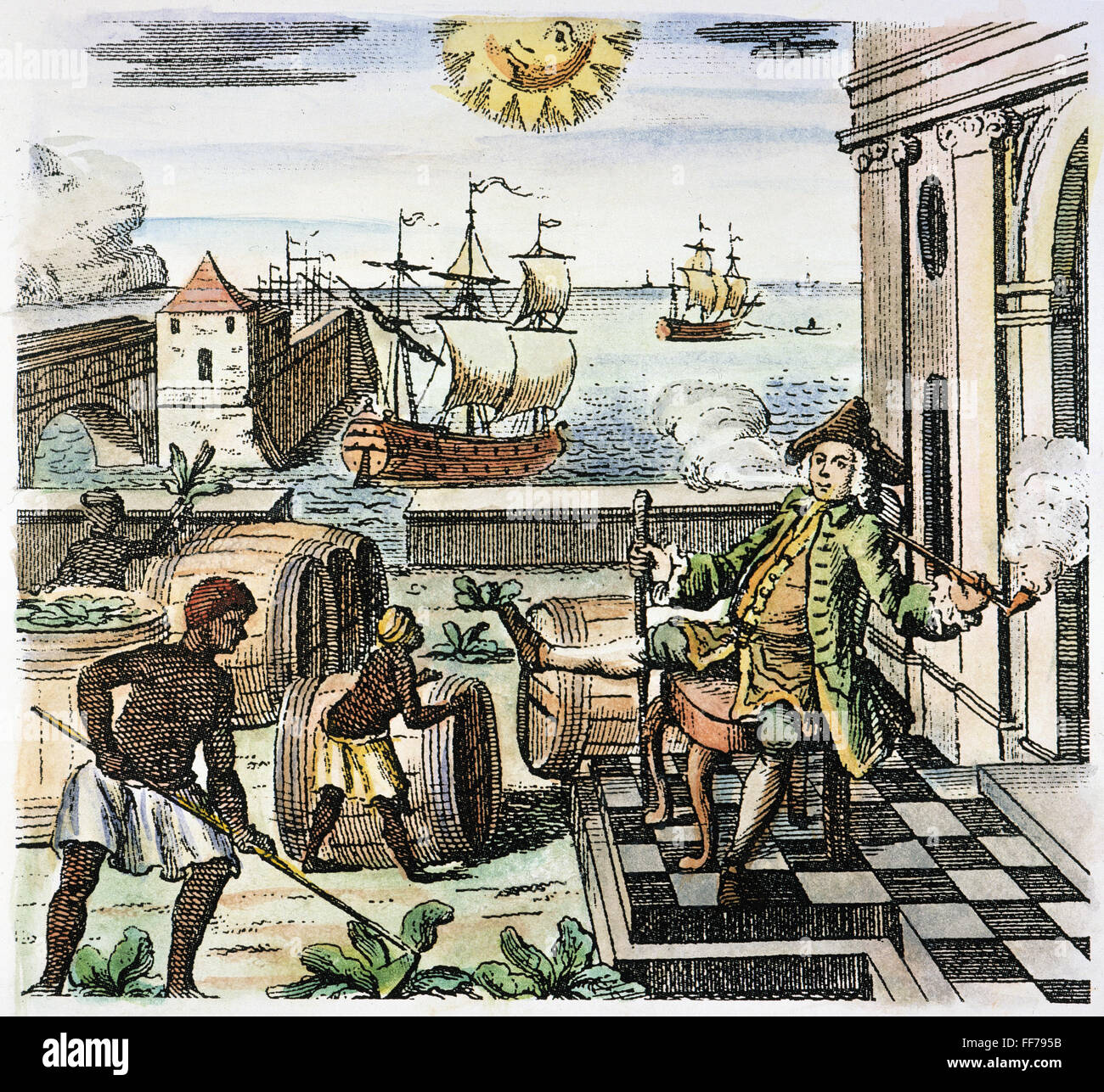 TOBACCO LABEL, c1730. /nA Virginia planter at his ease while his slaves ...