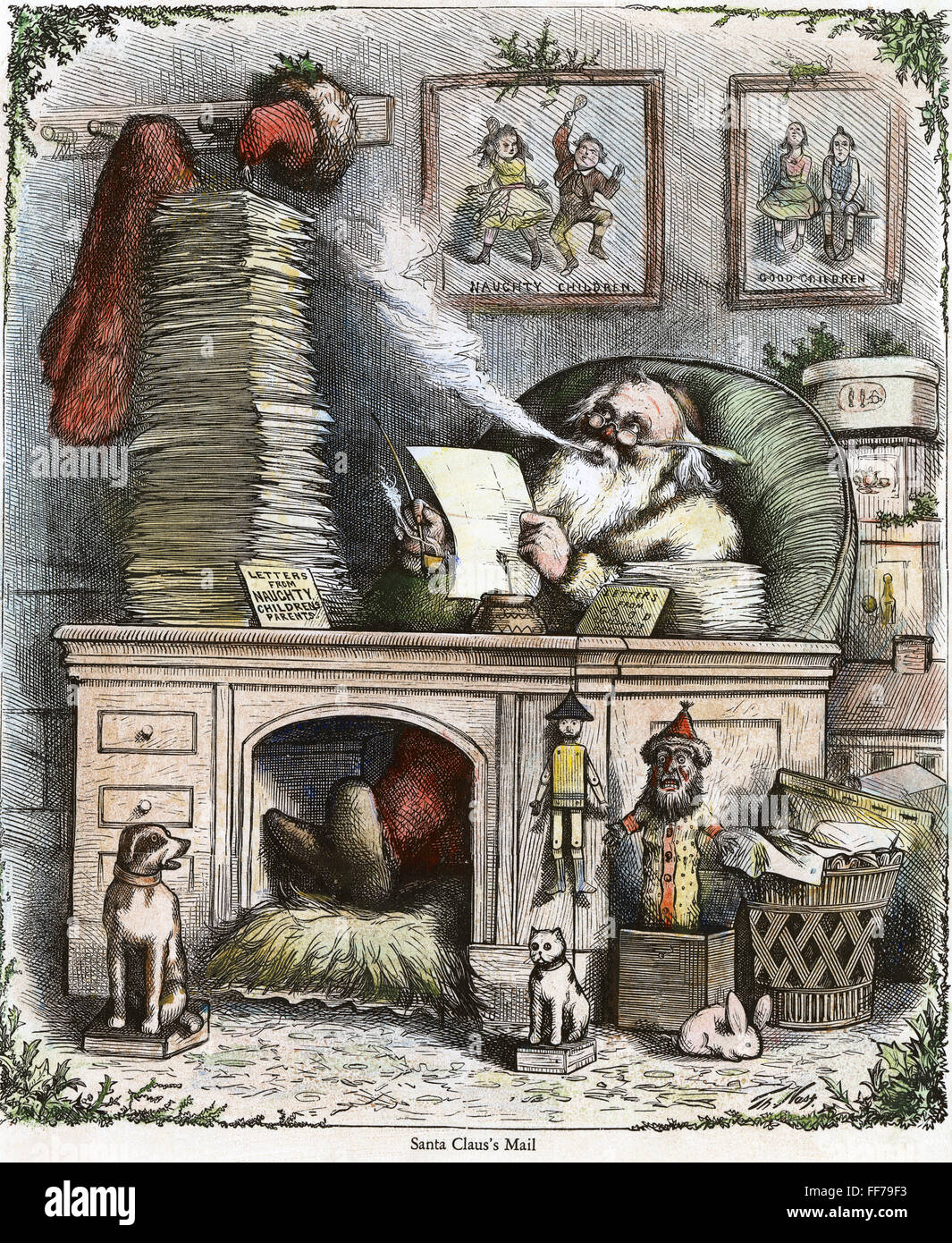 THOMAS NAST: SANTA CLAUS. /n"Santa Claus's Mail". Colored engraving by ...