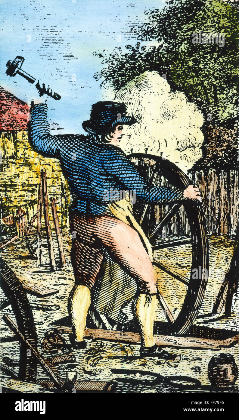 COLONIAL WHEELWRIGHT. /nA colonial American wheelwright. Engraving ...