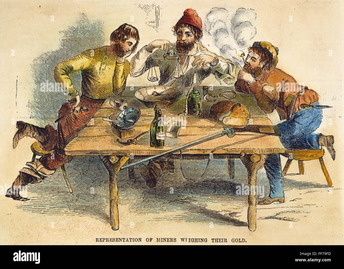 GOLD RUSH. /n'Forty-Niners' in California weighing their gold. Wood ...