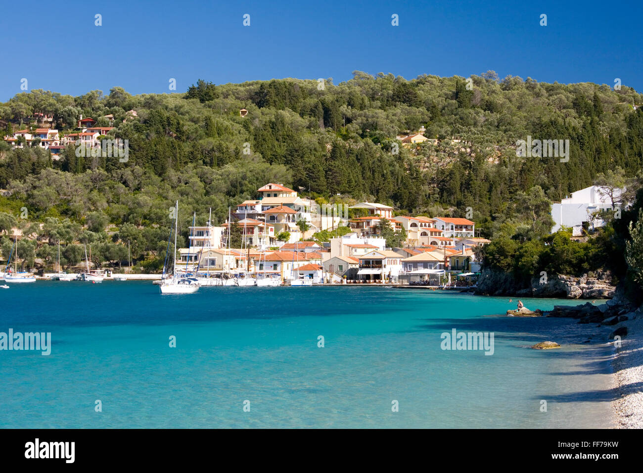 Lakka, Paxos, Ionian Islands, Greece. View to the village across the ...