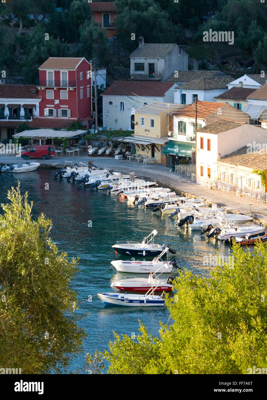 Loggos, Paxos, Ionian Islands, Greece. View over the harbour from ...
