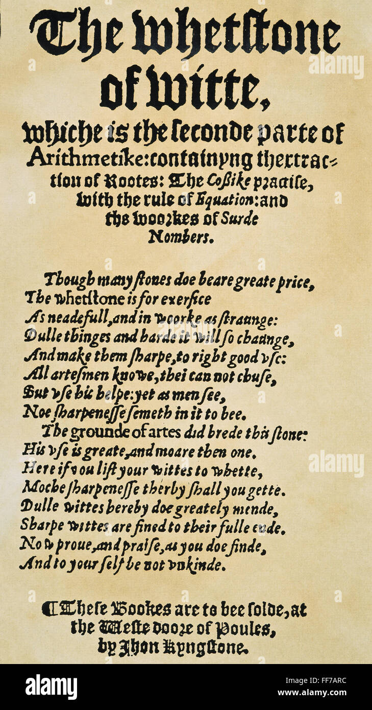 ROBERT RECORDE /n(c1510-1558). English mathematician. Title page of ...