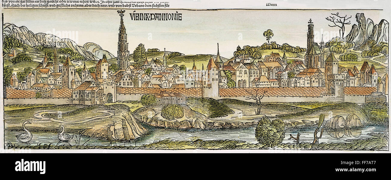 VIENNA, 1493. /nView of the city of Vienna along the Danube: woodcut ...