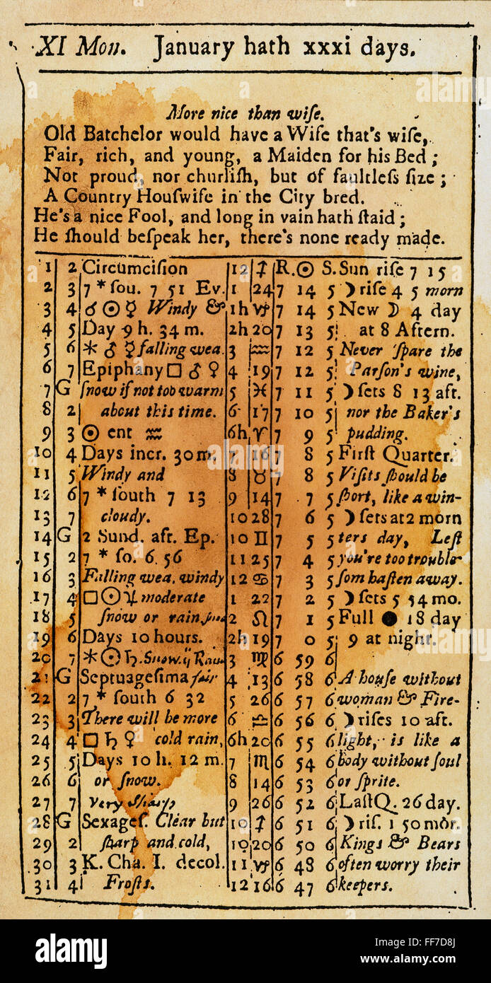 POOR RICHARD'S ALMANACK. /nThe January page from the first edition of ...
