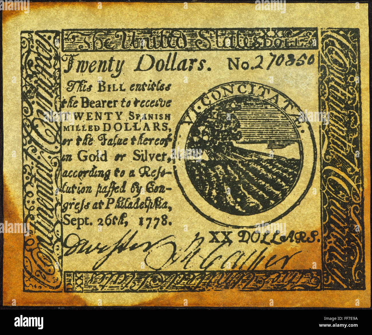 CONTINENTAL BANKNOTE, 1778. /nUnited States Continental Currency twenty ...