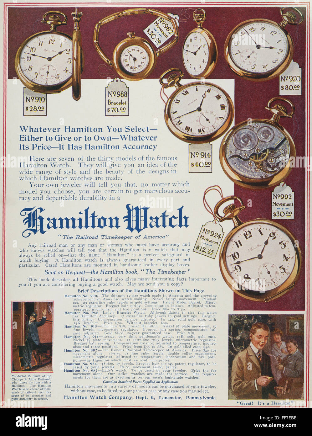 HAMILTON WATCH AD, 1913. /nHamilton Watch Company advertisement from an ...