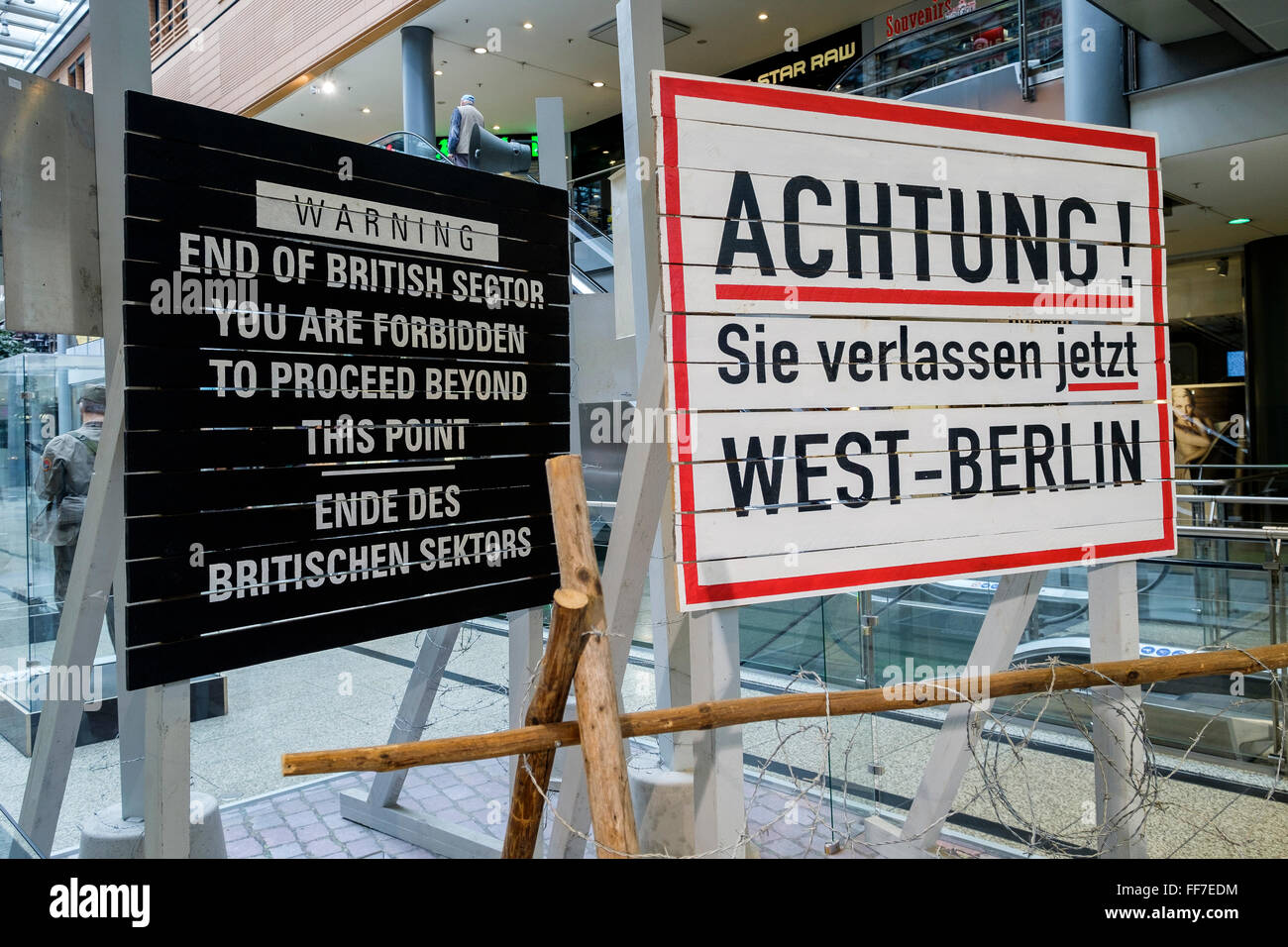 Cold War era signs in a display, at the Mall of Berlin, to commemorate ...