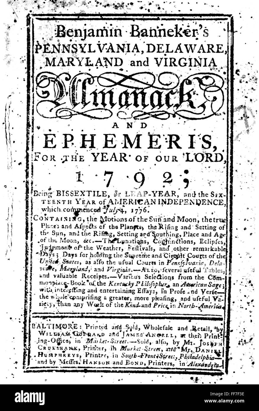 BANNEKER: TITLE PAGE, 1792. /nTitle page of Benjamin Banneker's ...