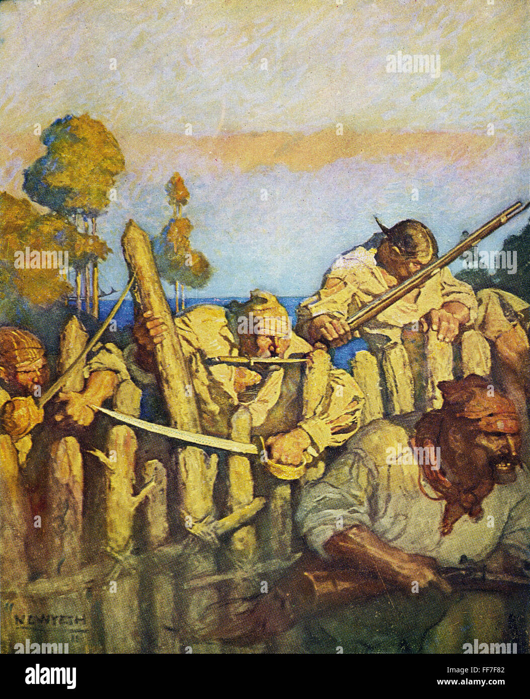 TREASURE ISLAND, 1911. /nThe attack on the block house. Illustration ...