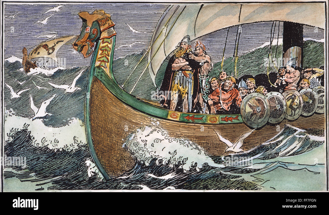 LEIF ERICSSON (c970-1020). /nWith his Viking crew at sea. Drawing ...