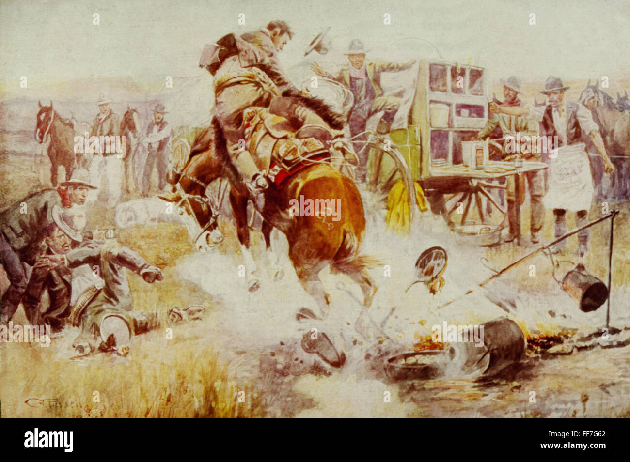 RUSSELL: COWBOYS, 1908. /n'A Bronc to Breakfast.' Oil on canvas, 1908 ...