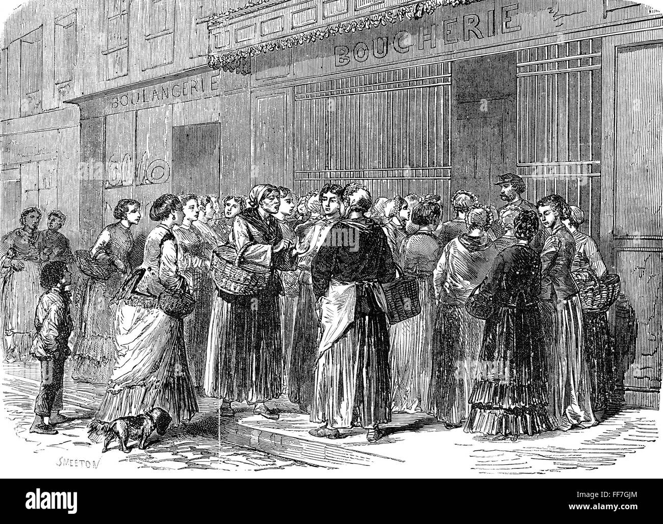 SIEGE OF PARIS, 1870. /nHousewives queuing outside a butcher shop ...