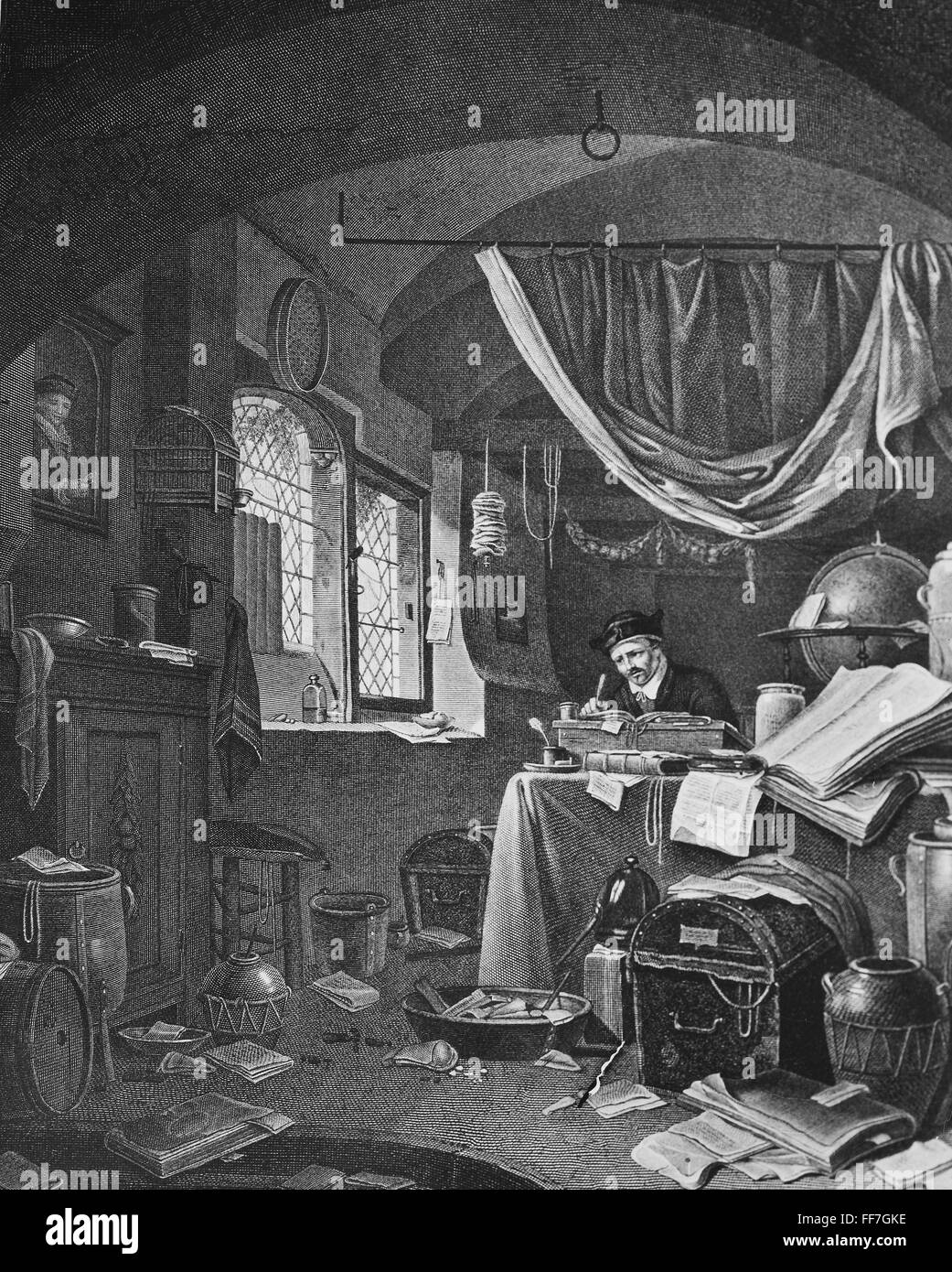 ALCHEMIST. /nLine engraving, 18th century Stock Photo - Alamy