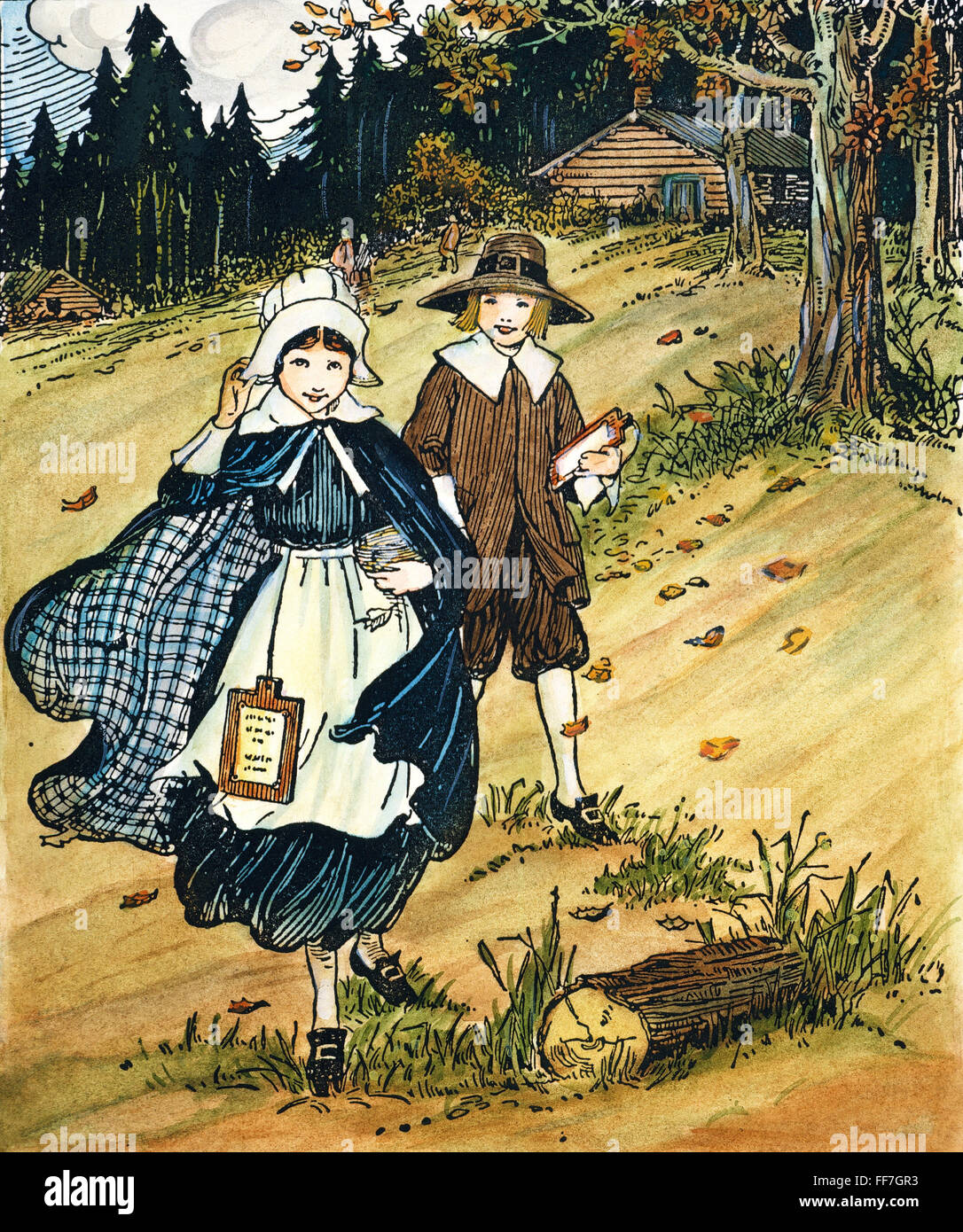 PILGRIM SCHOOLCHILDREN /nwith their hornbooks. Pen-and-ink drawing by L ...