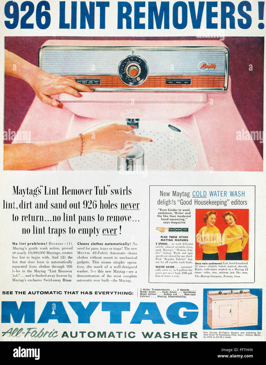 HOME APPLIANCE AD, 1957. /nMaytag washing machine advertisement from an ...