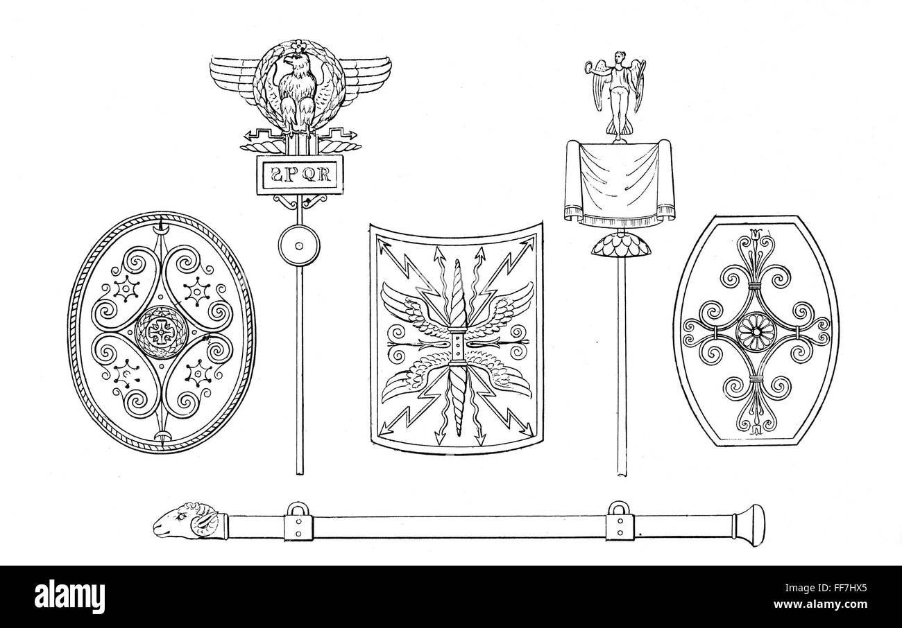 ROMAN STANDARDS. /nRoman standards, shields and battering ram. Line ...