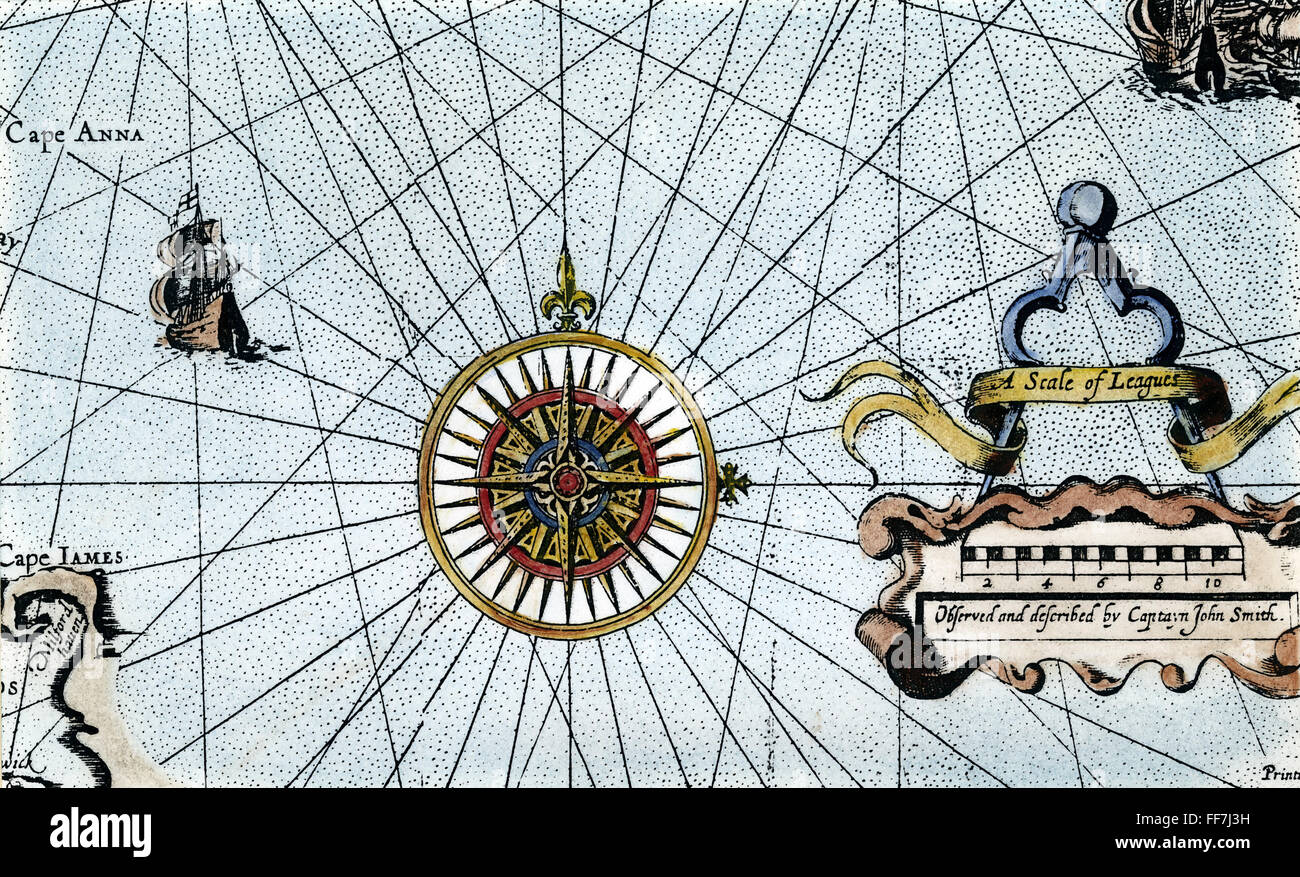 COMPASS ROSE, 1616. /nFrom John Smith's map of New England, 1616 Stock ...