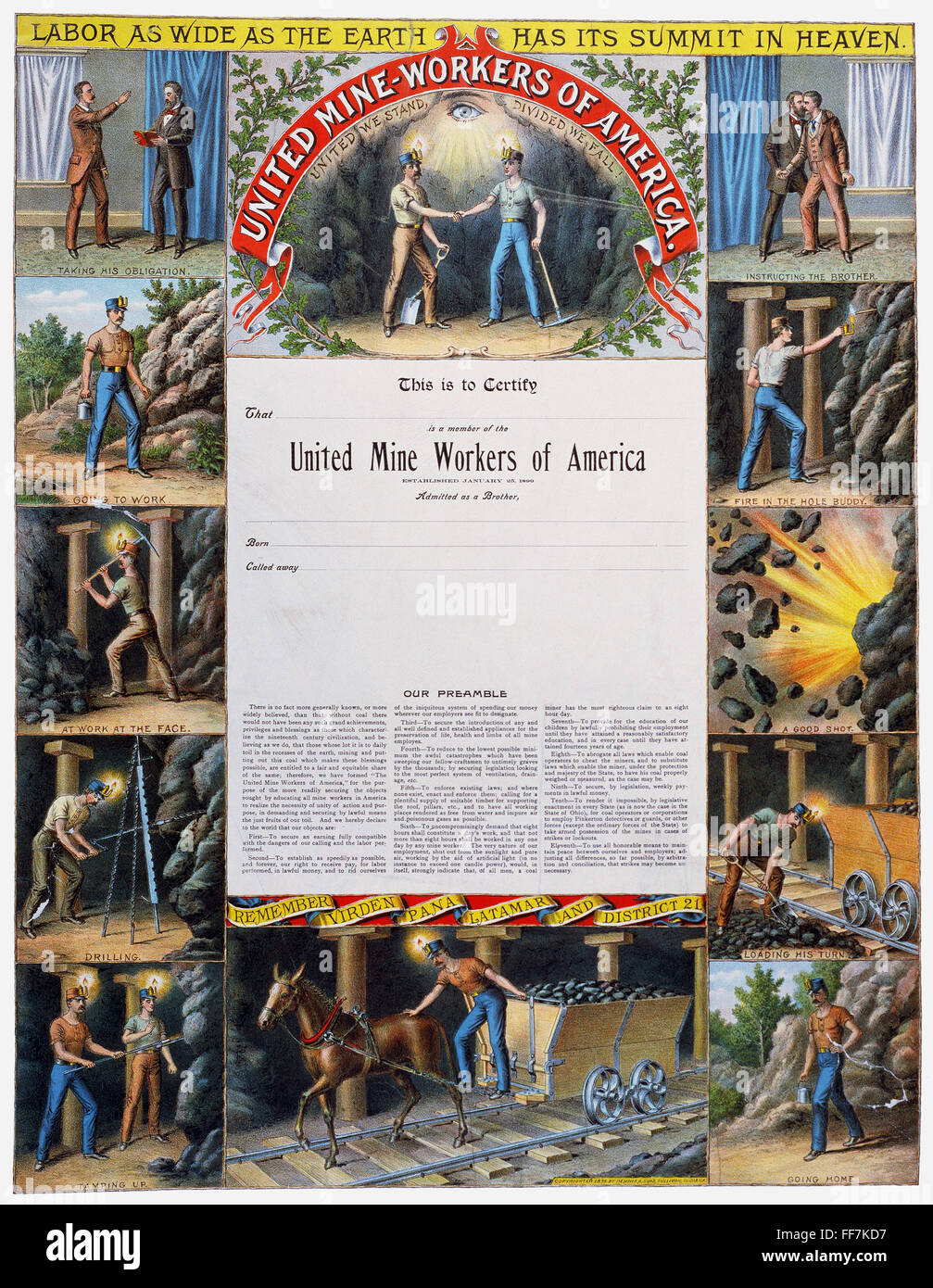 UNION CERTIFICATE, 1899. /nUnited Mine Workers of America certificate ...