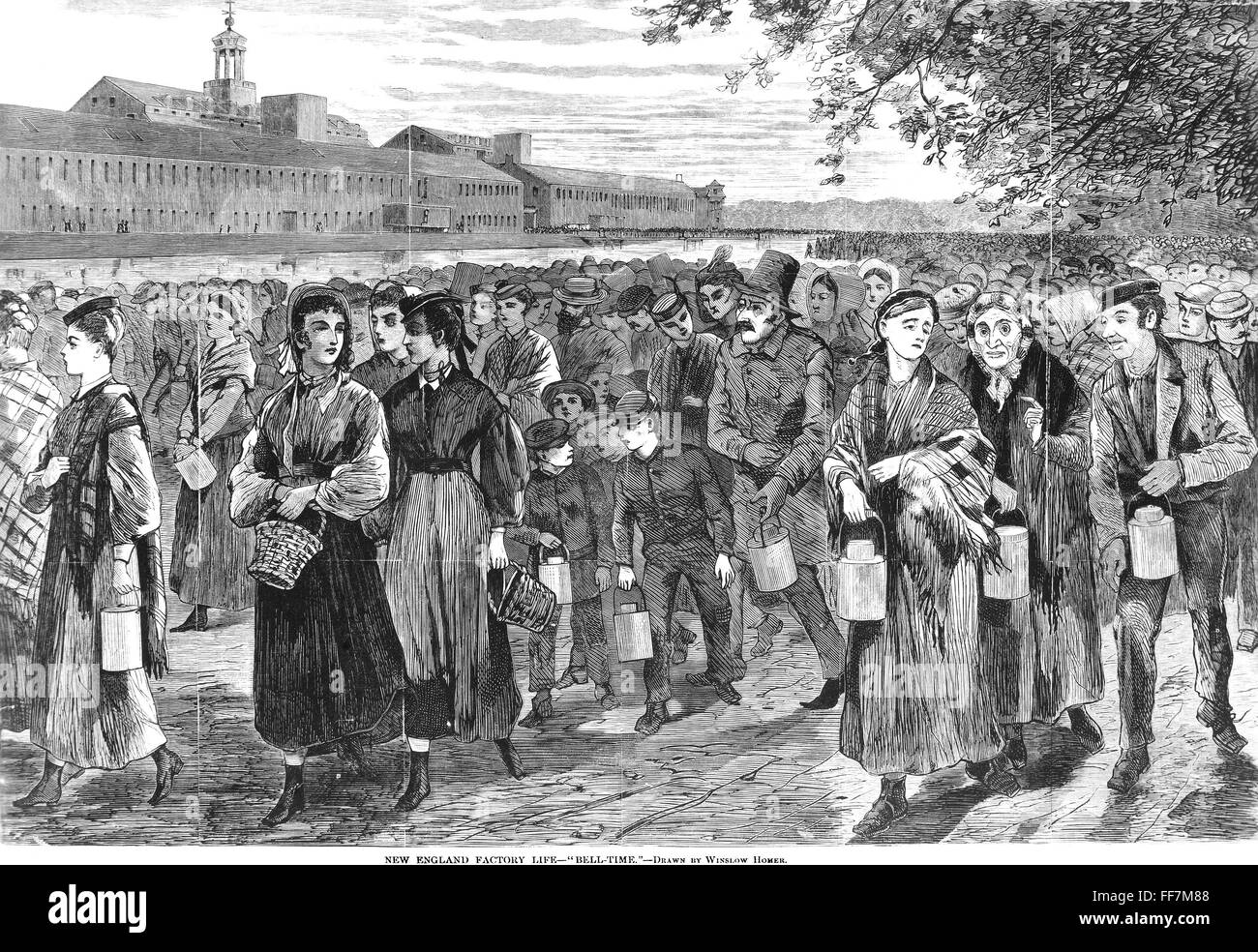 FACTORY: BELL TIME, 1868. /nNew England factory life. Wood engraving ...