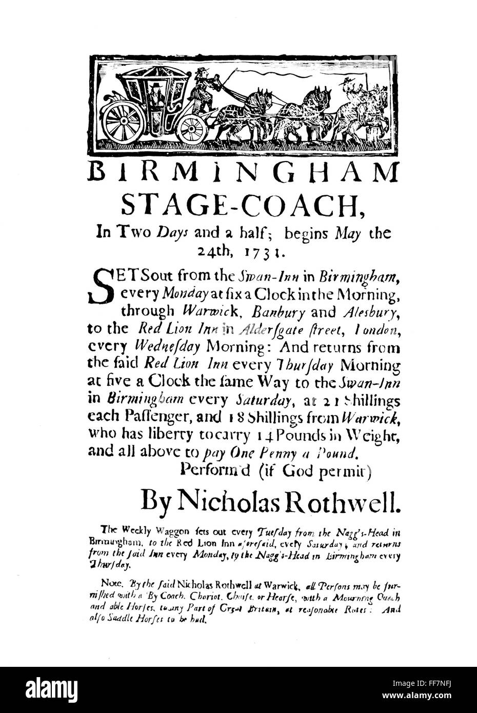 ENGLAND: STAGECOACH, 1731. /nA 1731 English stagecoach notice giving a ...