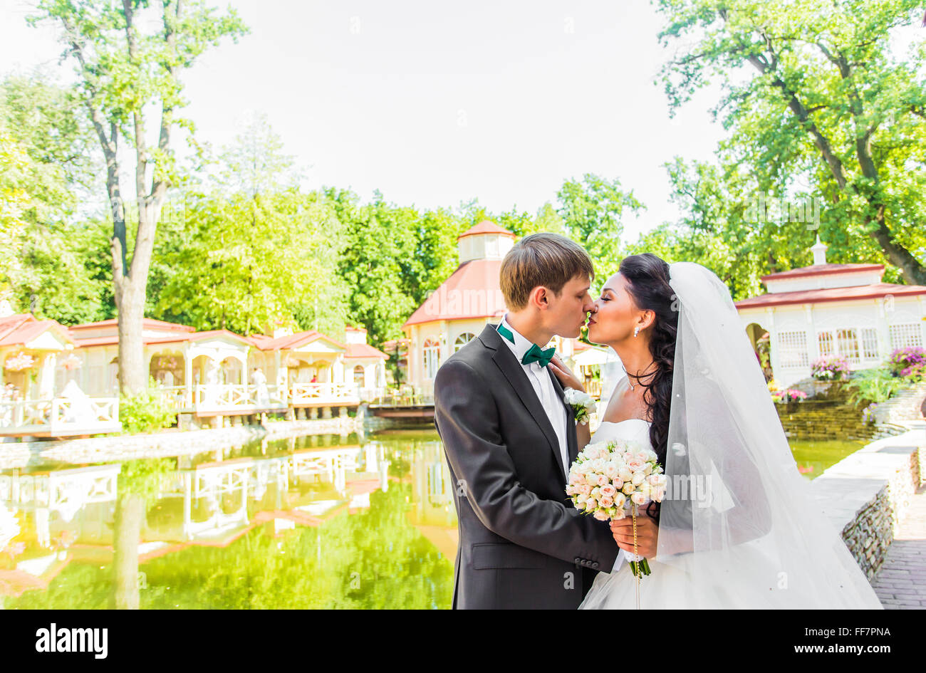 Wedding, Beautiful Romantic Bride and Groom Kissing and Embracing Stock ...