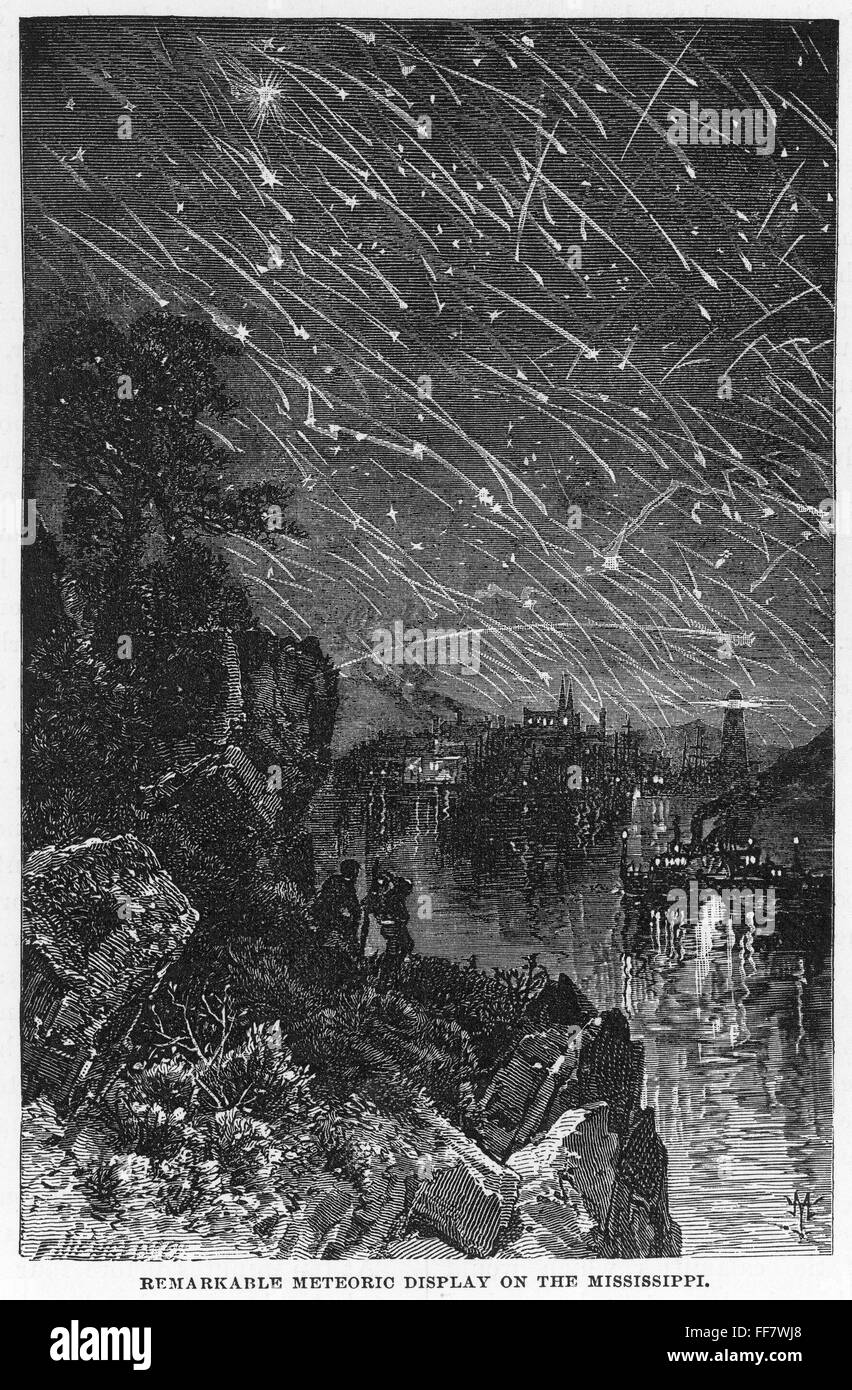 LEONID METEOR SHOWER, 1833./nMeteor showers over the Mississippi River ...