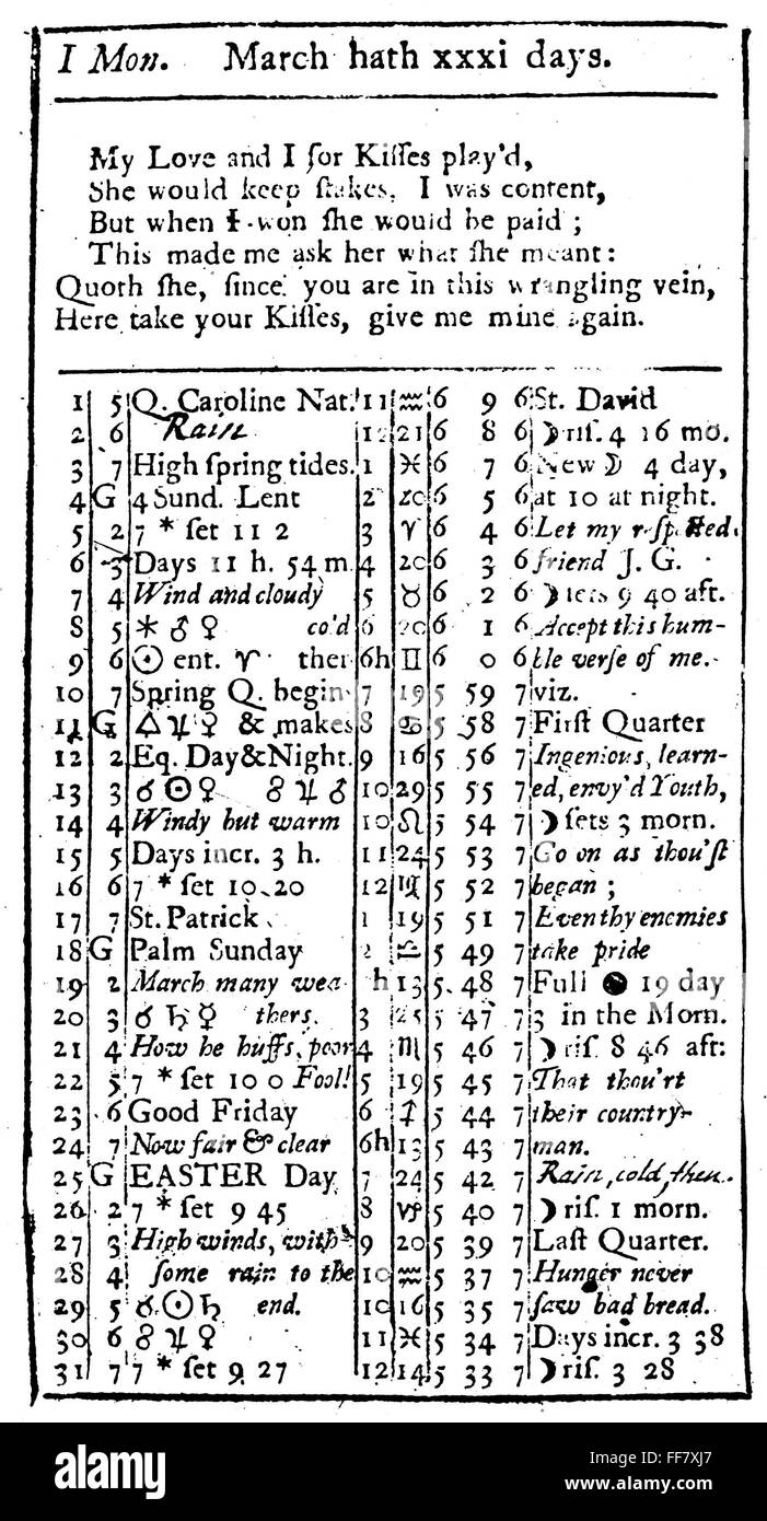 POOR RICHARD'S ALMANAC. /nThe calendar for March from the first number ...