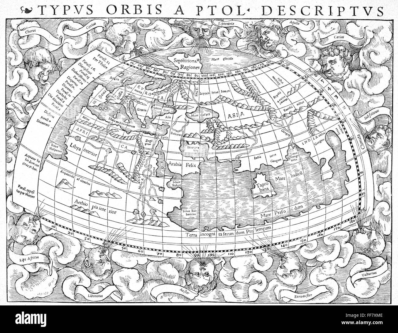 PTOLEMY: GEOGRAPHY. /nWoodcut map of Europe, Africa and Asia from a ...