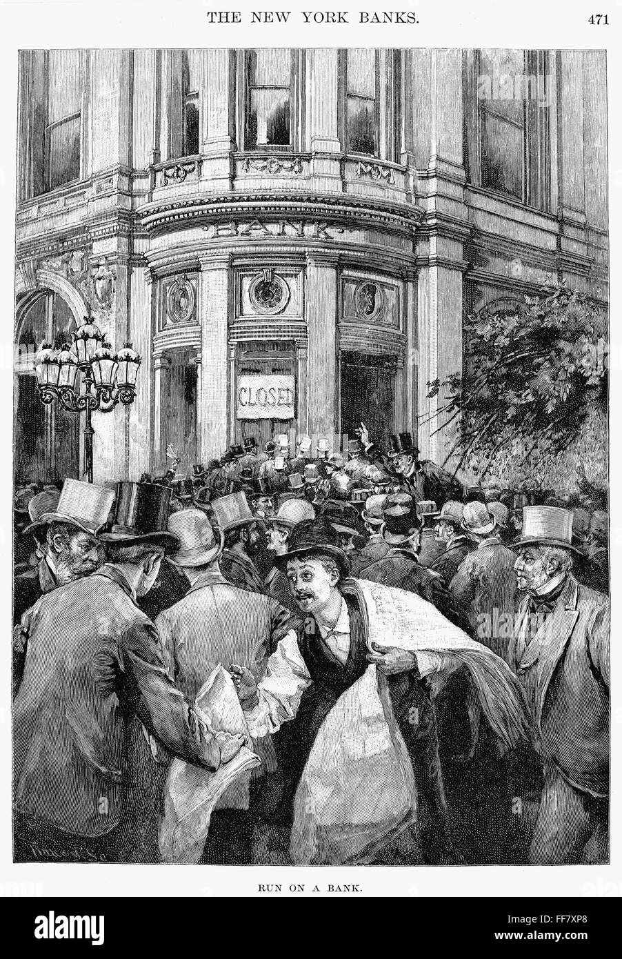 BANK PANIC, 1890. /n'Run on a bank.' Line engraving, American, 1890 ...