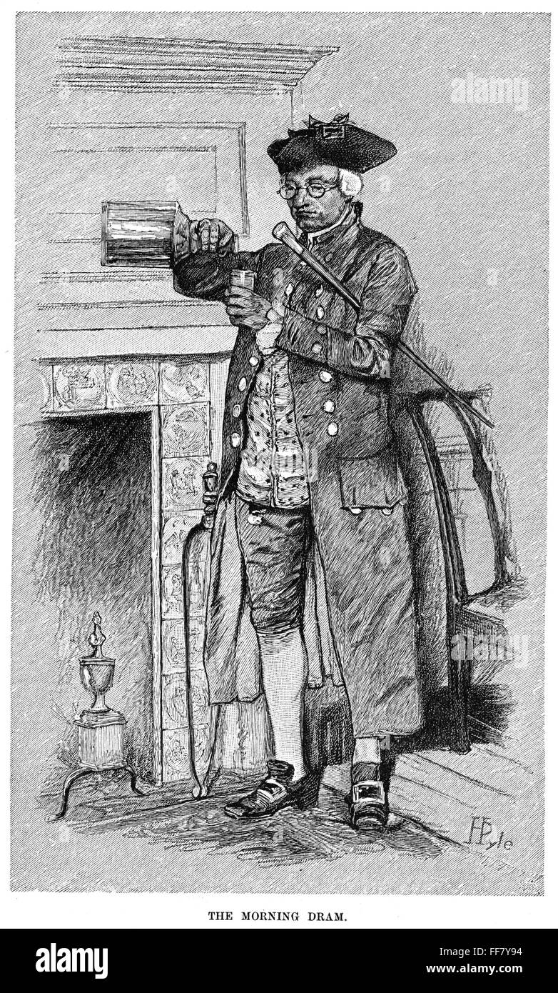 AMERICAN COLONIST. /nColonist having his morning dram of rum. Wood ...