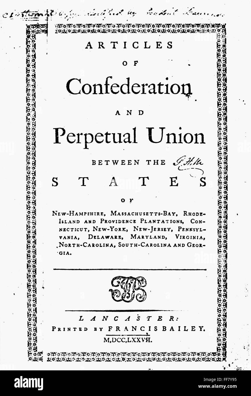 ARTICLES OF CONFEDERATION. /nTitle page of the first printed copy of ...