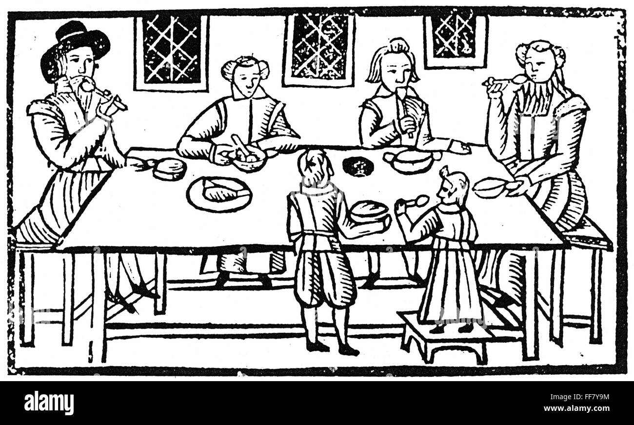 PURITAN FAMILY. /nA Puritan family at dinner: woodcut, English, early ...