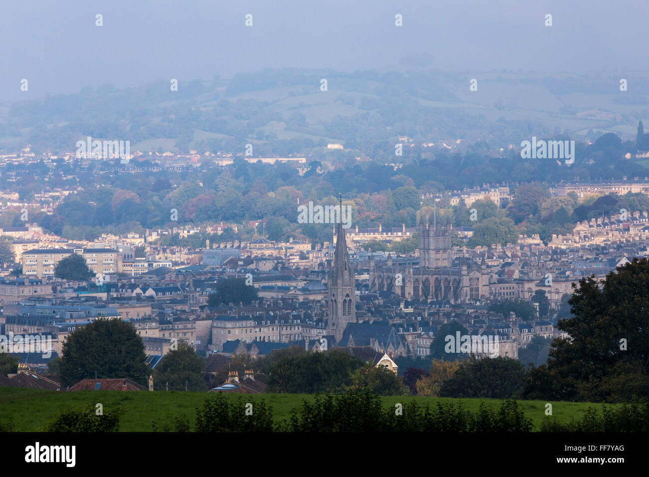 The City skyline of Bath, including the cathedral, a town set in the ...